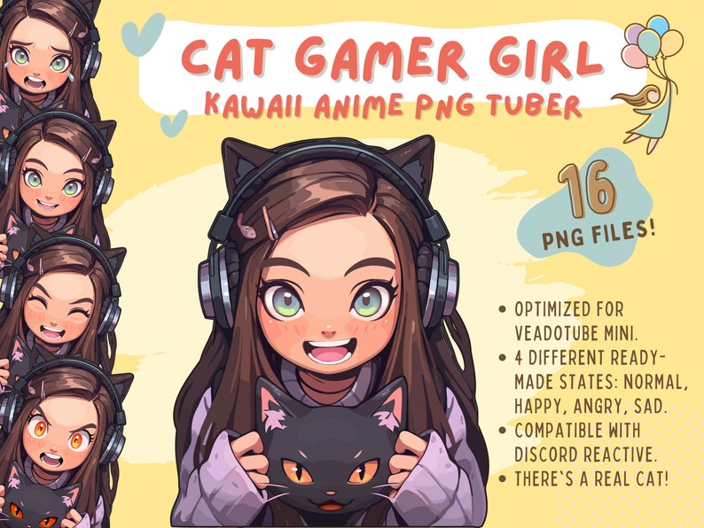 Kawaii Anime Cat Gamer Girl Pngtuber | Cute Ready Gaming Vtuber Avatar ...