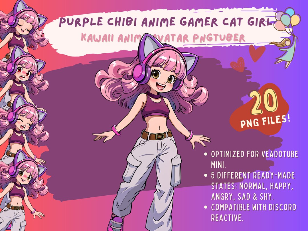 Chibi Purple Anime Gamer Cat Girl With Pink Hair Pngtuber Kawaii Chibi ...