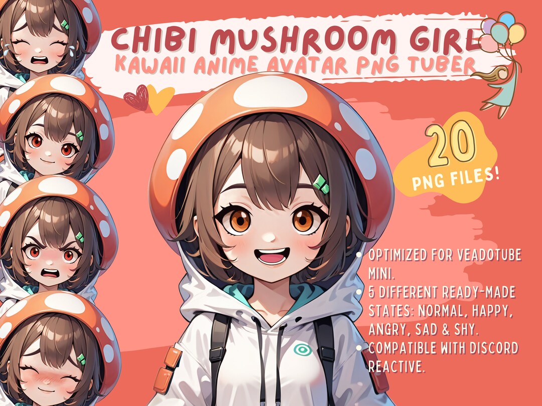 Chibi Anime Mushroom Girl PNGTuber / Kawaii Fungi Gaming VTuber Avatar ...