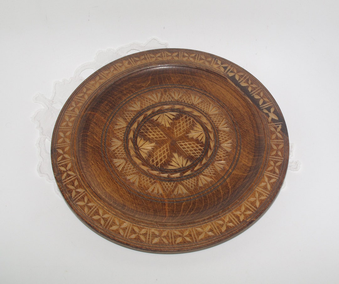 Hand Carved Brown Wooden Plate Folksy Wood Plate Pyrography Polish ...