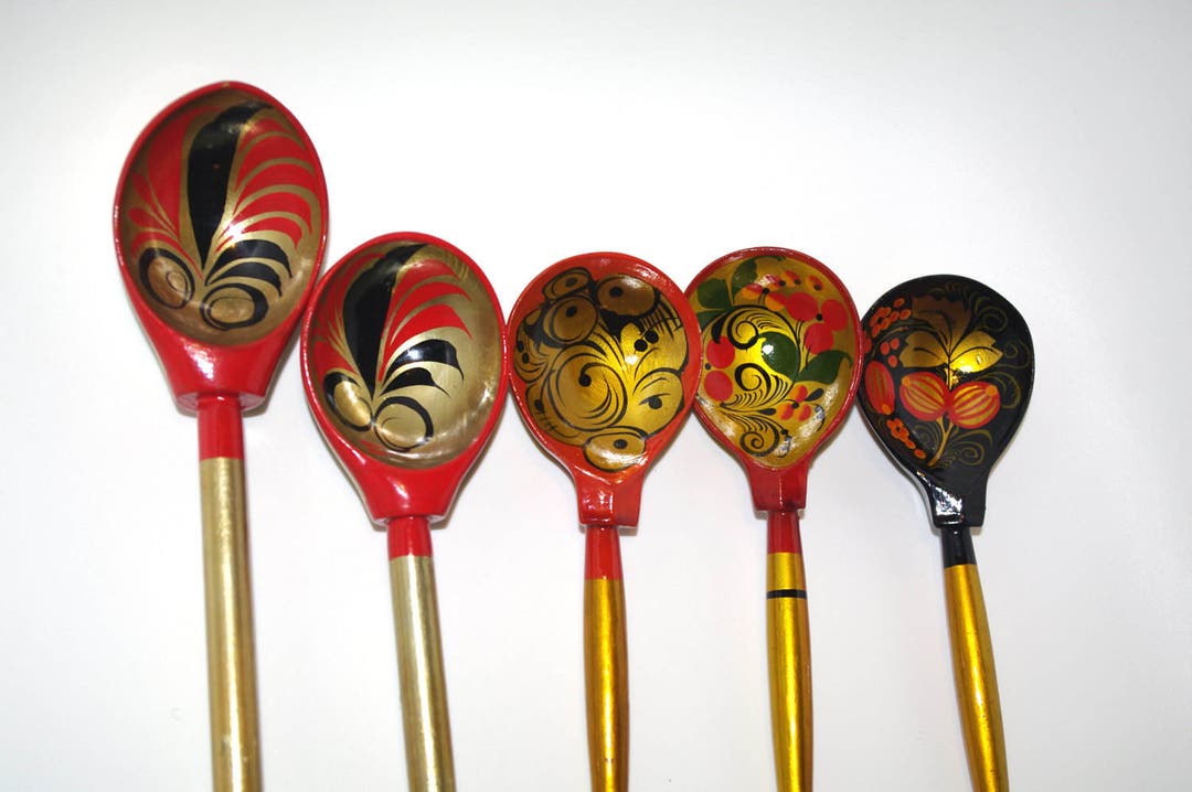 Set of 5 Russian Wooden Spoons Black Golden Khokhloma Painting Handmade ...