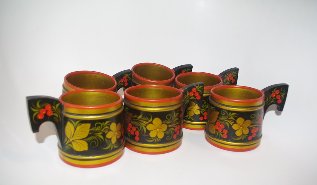 Set of 6 Khokhloma Wood Cups Beer Mugs Russian Gold Red Wood Soviet Mug ...