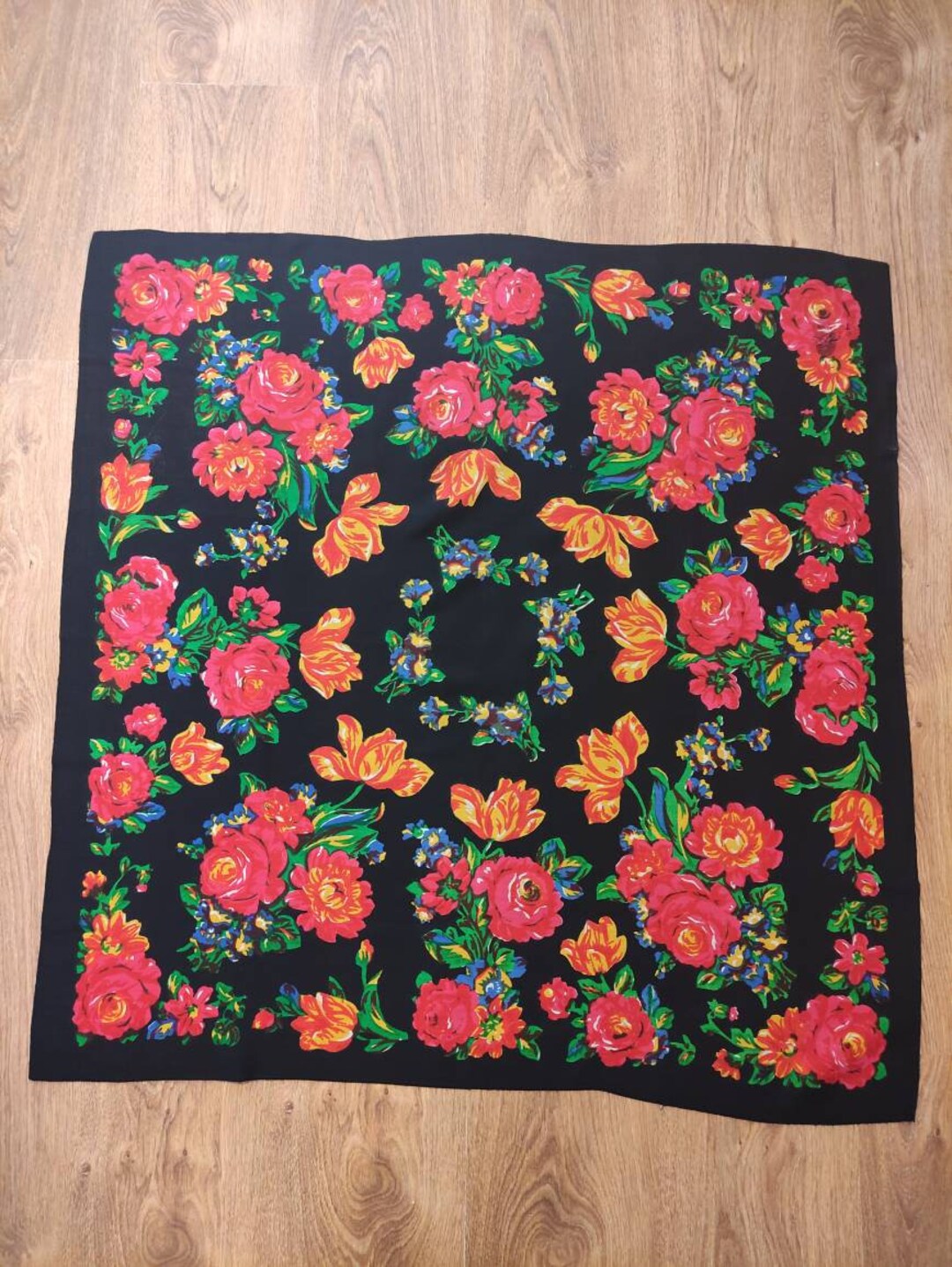 Unique Big Old Black Polish 100% Wool Scarf Ukrainian Scarf Floral ...