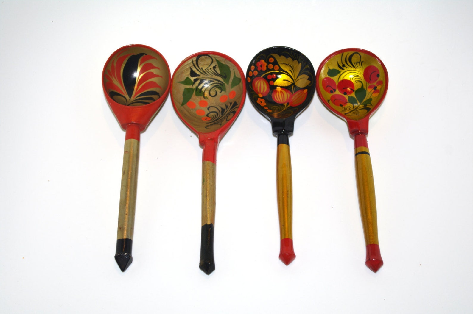 Set of 4 Russian Wooden Spoons Black Golden Khokhloma Painting Handmade ...