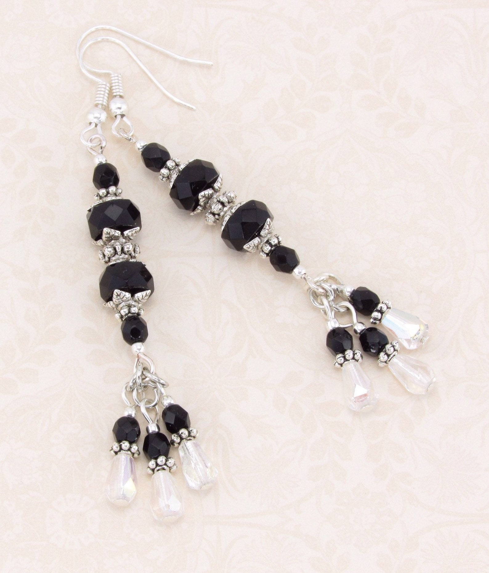 Black Dangle Earrings, Czech Beaded Earrings, Long Black Earrings ...