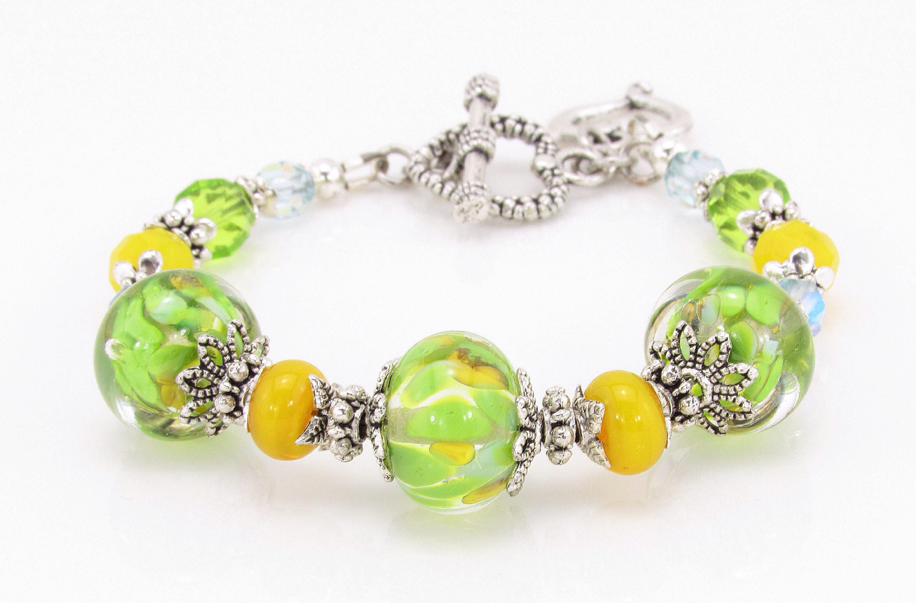 Spring Colors Beaded Bracelet, SRA Lampwork Beads, Green, Yellow and ...