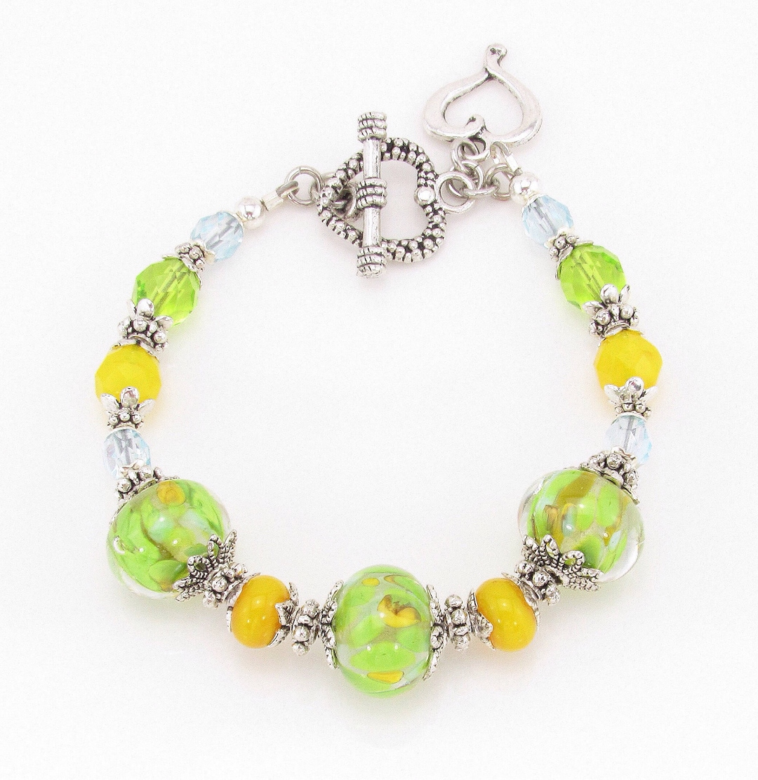 Spring Colors Beaded Bracelet, SRA Lampwork Beads, Green, Yellow and ...