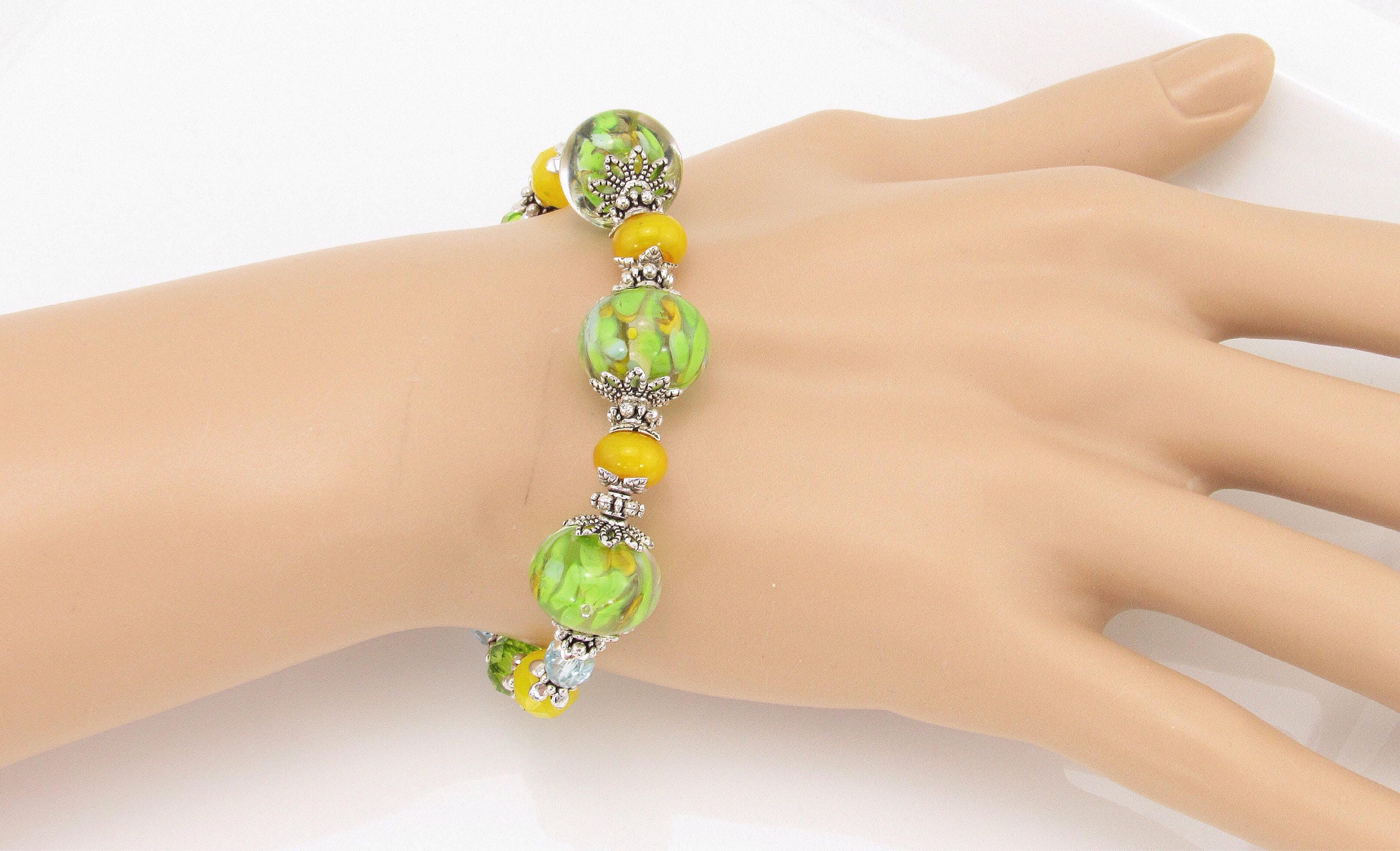 Spring Colors Beaded Bracelet, SRA Lampwork Beads, Green, Yellow and ...