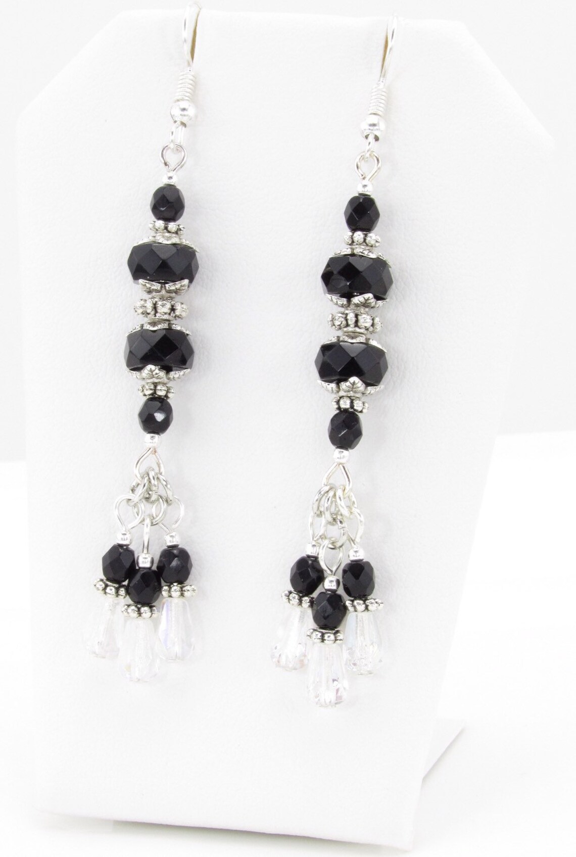 Black Dangle Earrings, Czech Beaded Earrings, Long Black Earrings ...