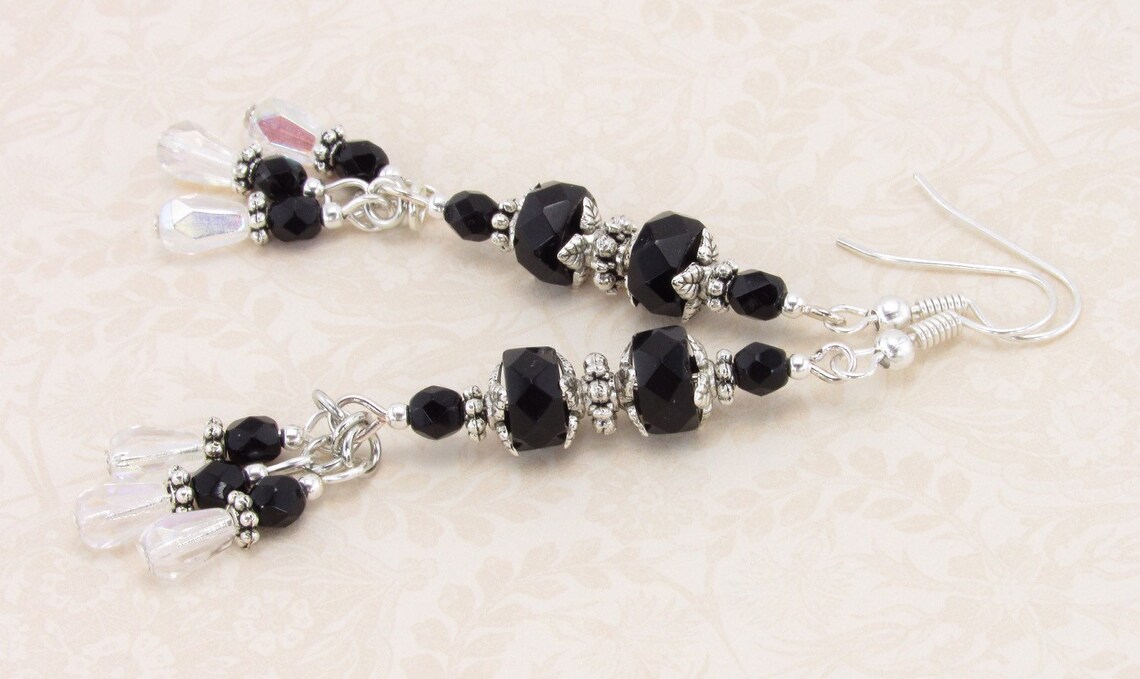 Black Dangle Earrings, Czech Beaded Earrings, Long Black Earrings ...