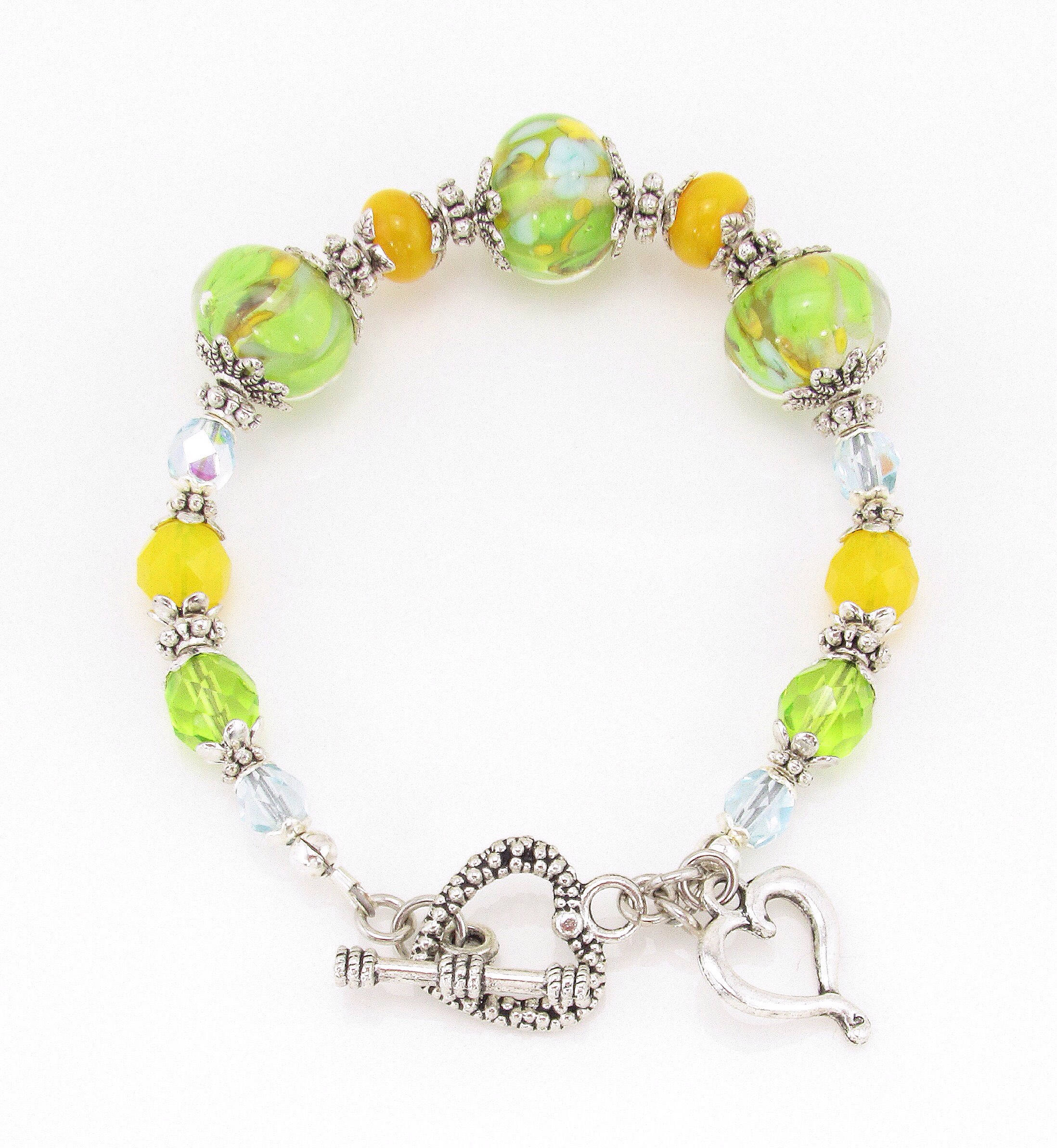 Spring Colors Beaded Bracelet, SRA Lampwork Beads, Green, Yellow and ...