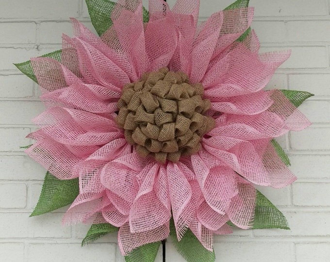 Light Pink Poly Burlap Sunflower Wreath - Spring Wreath - Easter Wreath ...