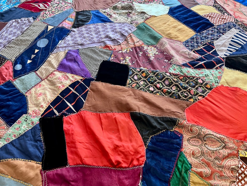 Antique Crazy Quilt of Irregular Shapes in Velvets Silks and Satins ...
