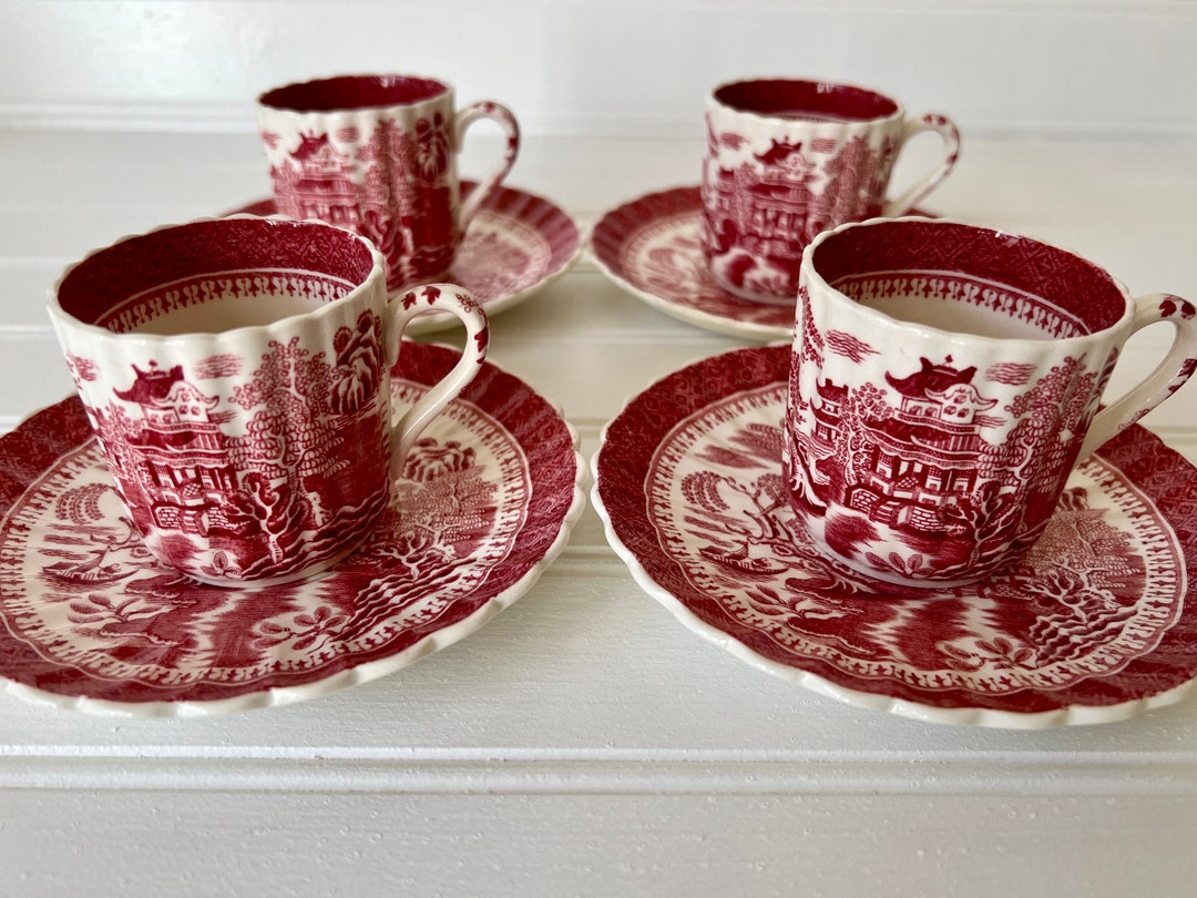 Vintage Red White Copeland Spode Mandarin Pink Set of Four Demitasse ...