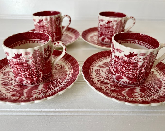 Vintage Red White Copeland Spode Mandarin Pink Set of Four Demitasse Cups and Four Saucers ...