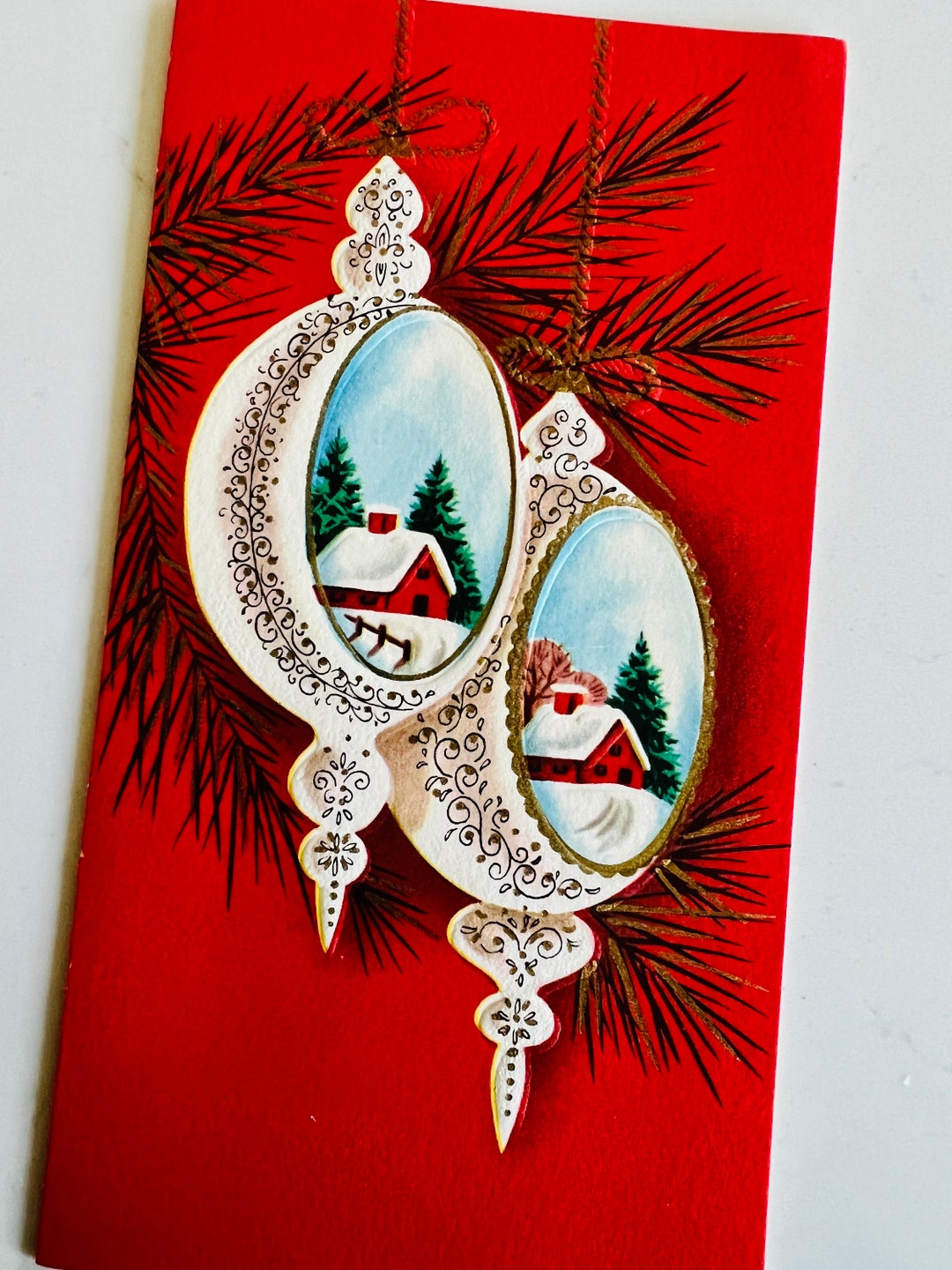 Vintage Christmas Card Ornaments Theme Unused & Envelope Mid Century ...