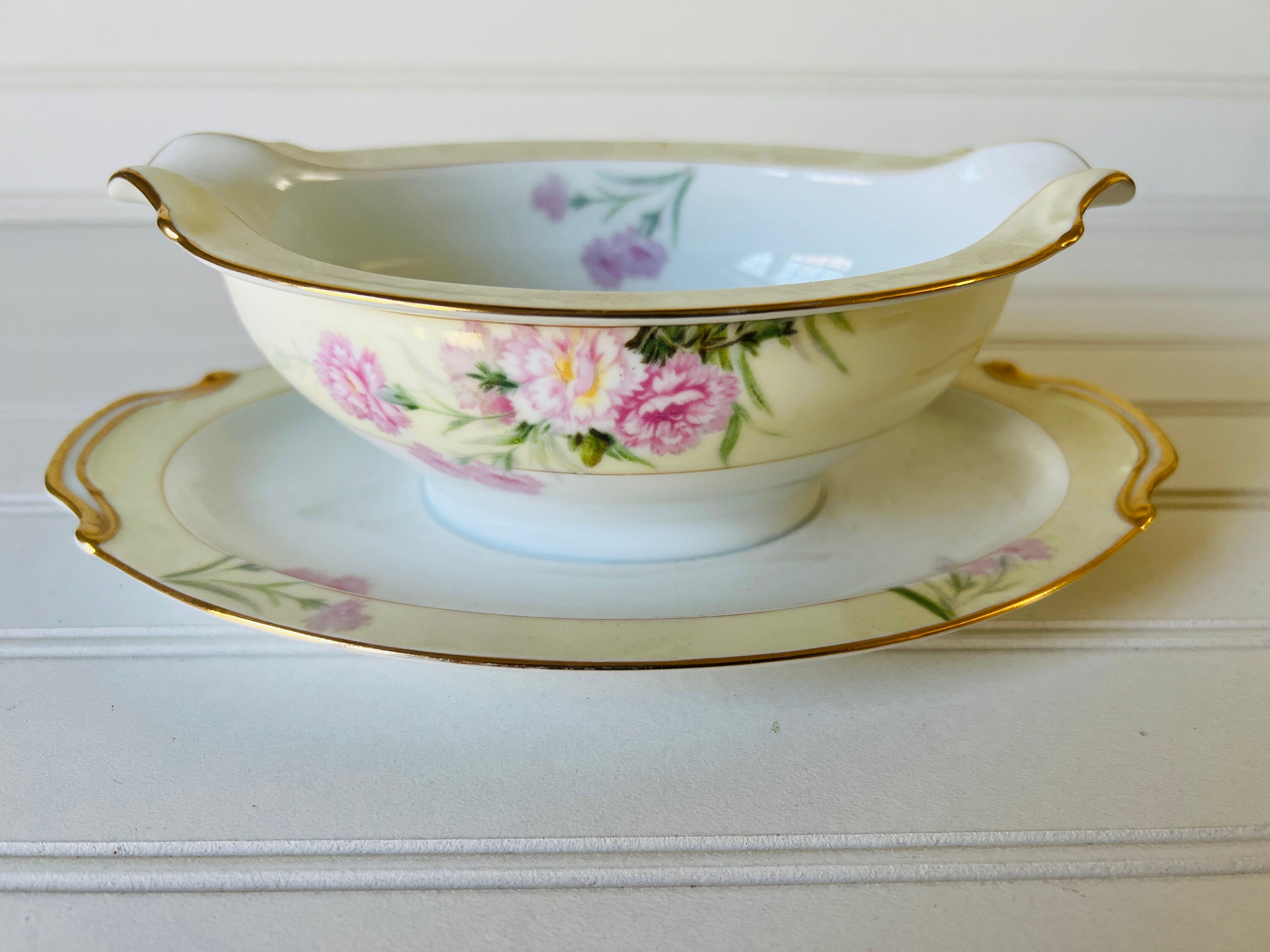 Noritake Morimura China Pink Carnation Pattern Gravy Boat With Attached ...