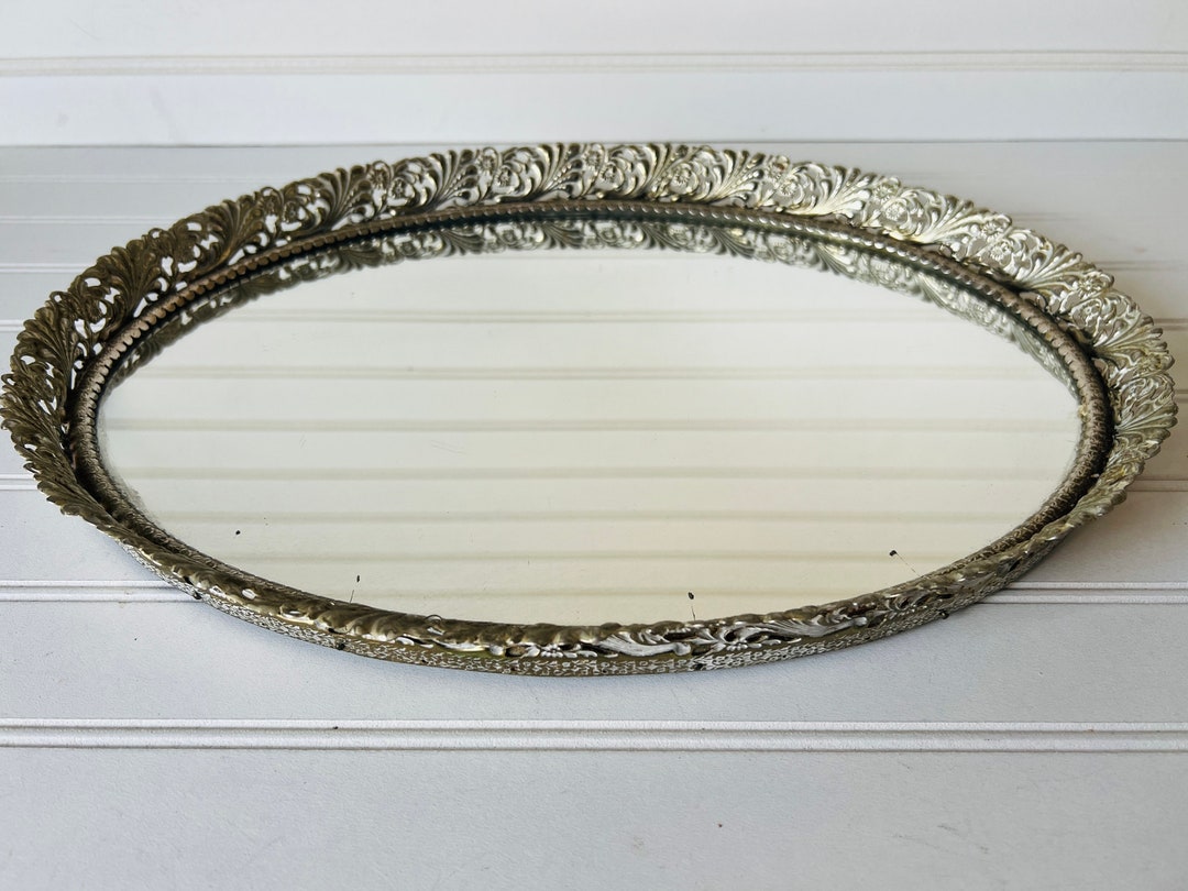 Vintage Mirror Oval Silver Mirrored Tray Mirror Vanity Tray - Etsy