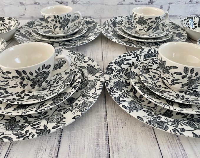 Churchill Black Peony Dinnerware Service for Four, 20 Pieces Black and ...