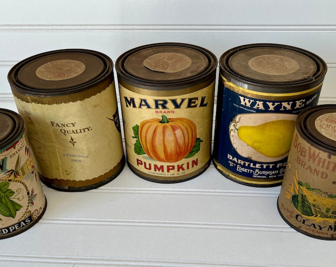 Vintage Tin Grocery Can Collection of Five Cans, Pumpkin Squash Pears ...