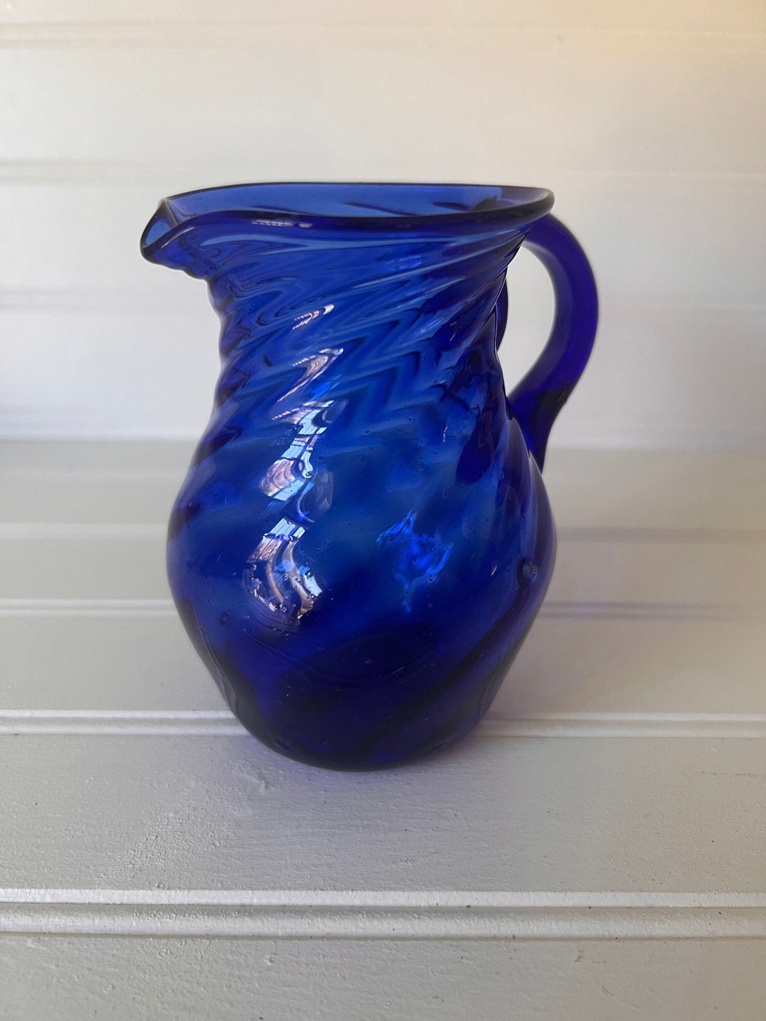 Vintage Cobalt Blue Pitcher or Creamer With Applied Handle in Swirl ... Vintage Cobalt Blue Pitcher or Creamer With Applied Handle in Swirl ...