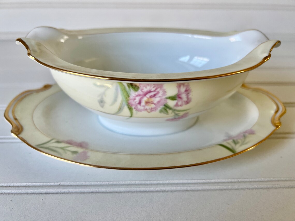 Noritake Morimura China Pink Carnation Pattern Gravy Boat With Attached ...