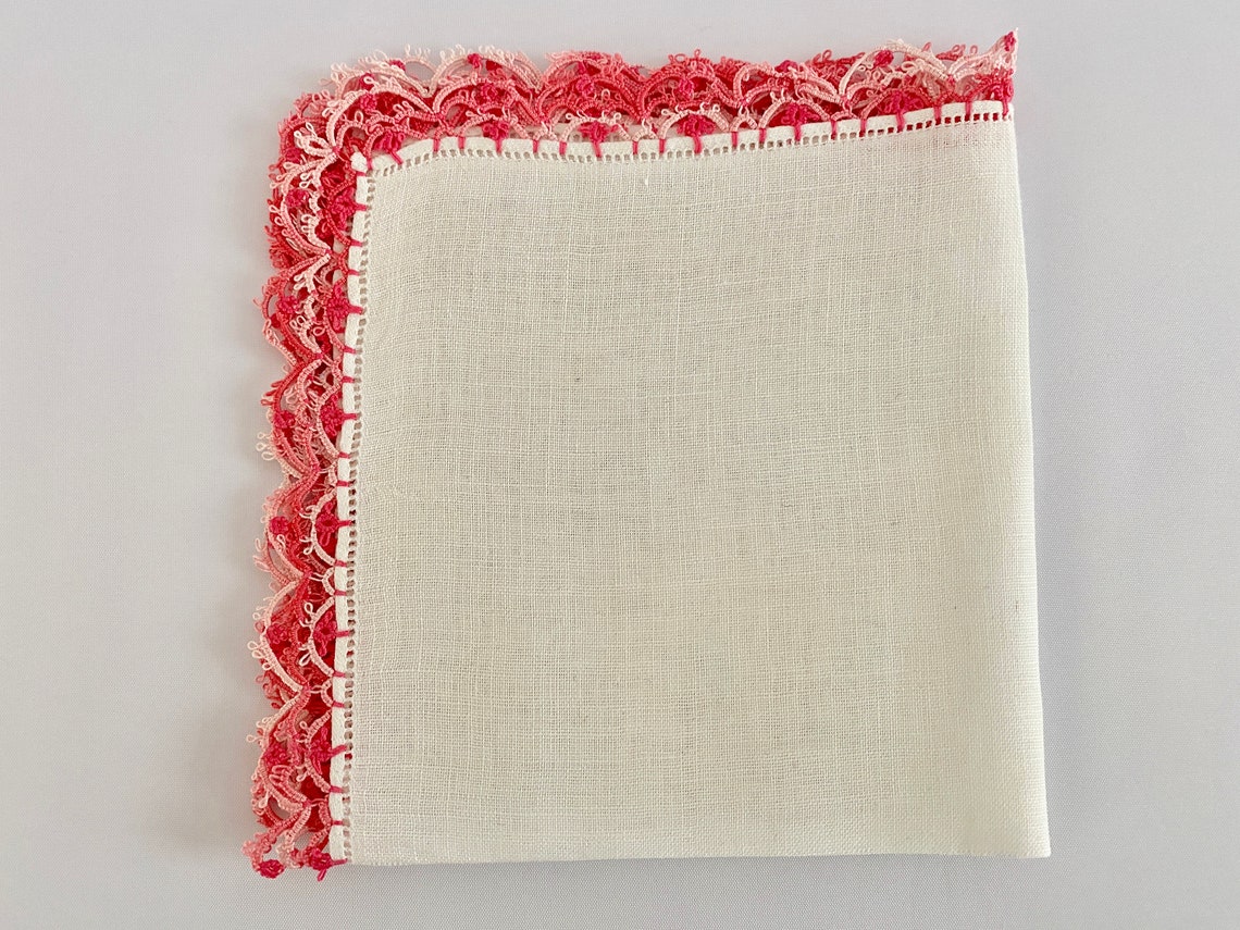 Vintage Pair of Pink Handkerchiefs With Hand Crocheted Edge in Cotton ...
