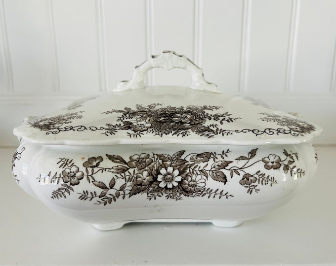 Antique Brown and White Transferware Semi Porcelain Covered Dish Tureen ...