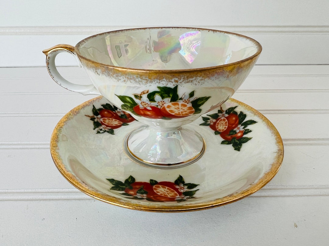 Vintage Iridescent Teacup and Saucer Set Florida Souvenir With Oranges ...