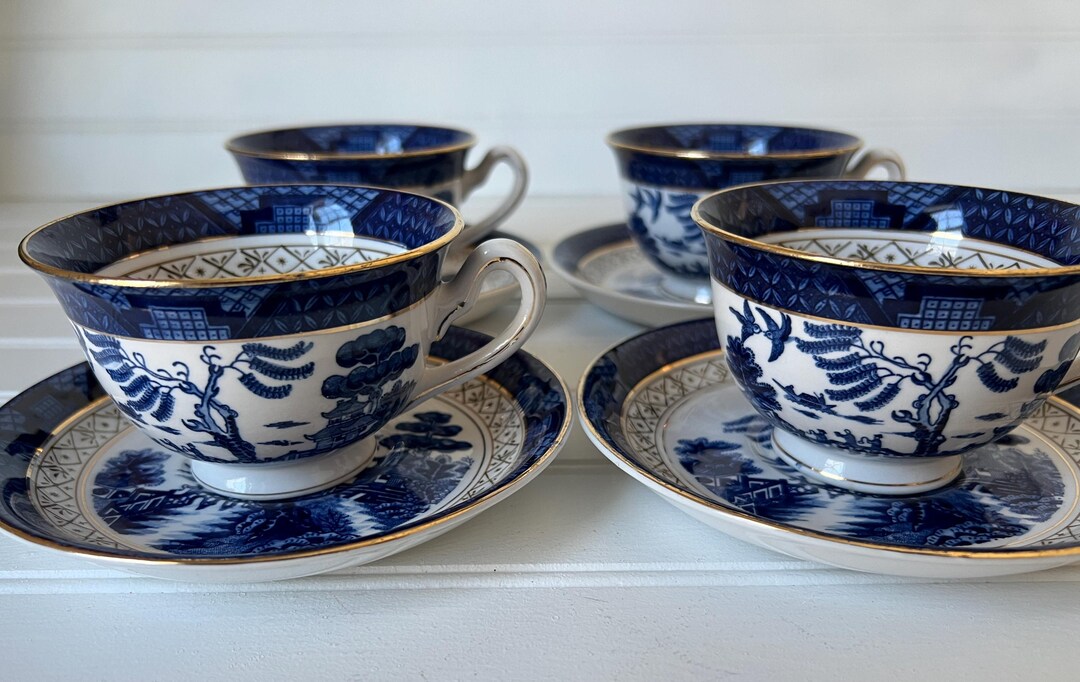 Blue and White Tea Cups and Saucers, Set of Four Nikko Double Phoenix ...