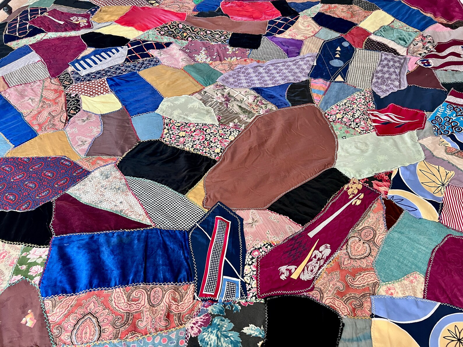 Antique Crazy Quilt of Irregular Shapes in Velvets Silks and Satins ...