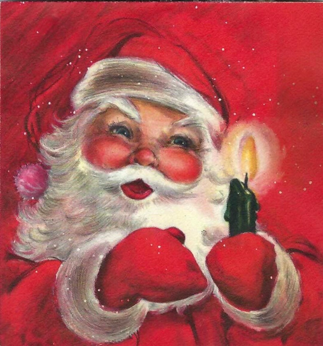 Vintage Mid Century Christmas Card Santa With Candle on Background ...