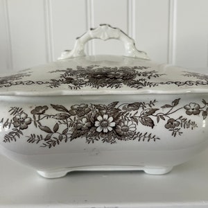 Antique Brown and White Transferware Semi Porcelain Covered Dish Tureen ...