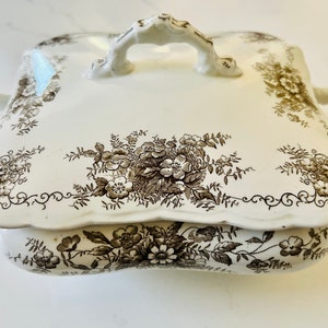 Antique Brown and White Transferware Semi Porcelain Covered Dish Tureen ...