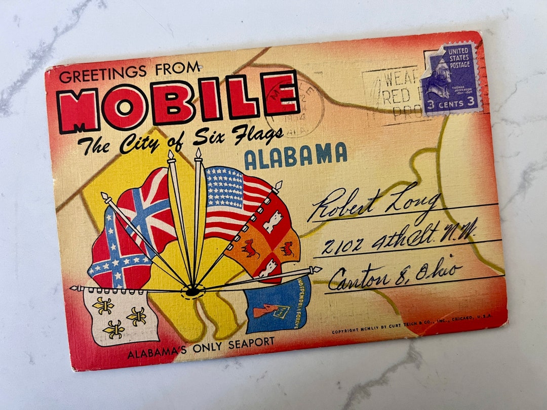 Vintage Mobile Alabama City of Six Flags Copyright 1954 Curt Teich ...