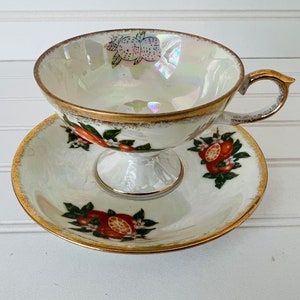 Vintage Iridescent Teacup and Saucer Set Florida Souvenir With Oranges ...