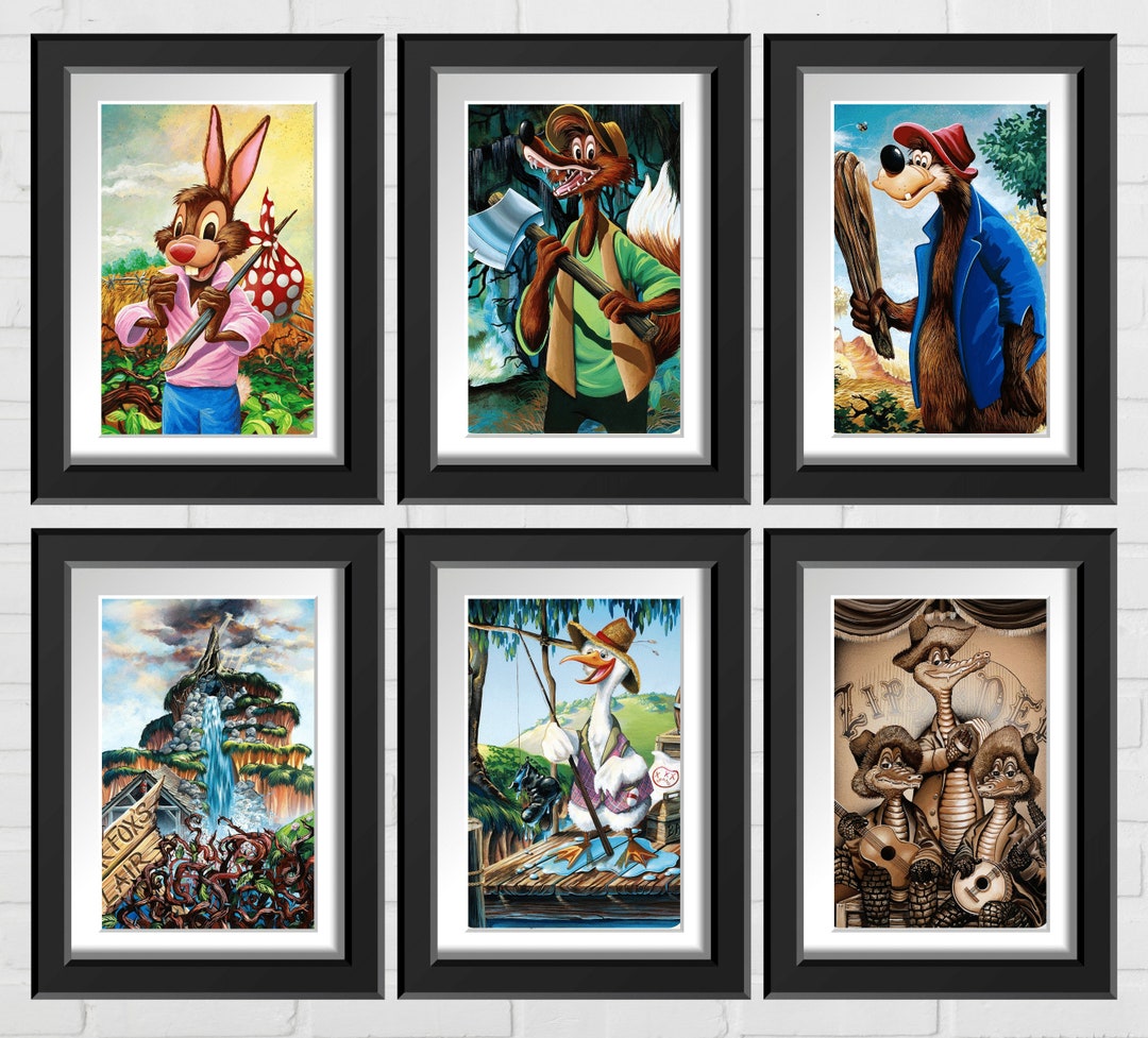 VINTAGE Set of 6 Disney Splash Mountain Ride Painting Prints Brer Bear ...