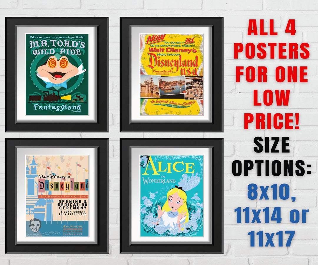 VINTAGE Set of 4 Disneyland Attraction Posters Mr Toads Wild Ride Alice ...