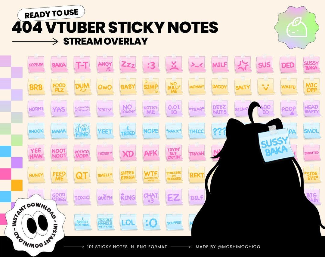 404 Vtuber Sticky Note Set, Funny Stream Overlay, P2U Vtuber Stream ...