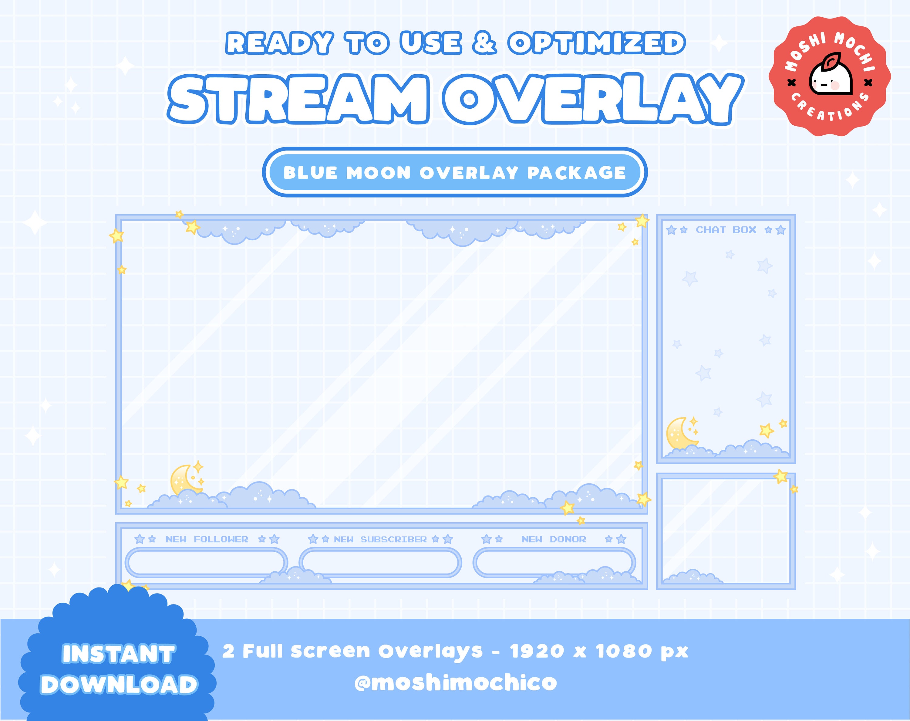 Twitch Stream Package Cute Blue Cloudy Moon Overlay / - Etsy