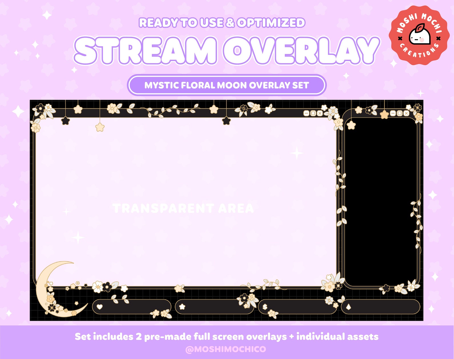 Mystic Stream Overlay Set for Twitch / Black White Floral Kawaii ...
