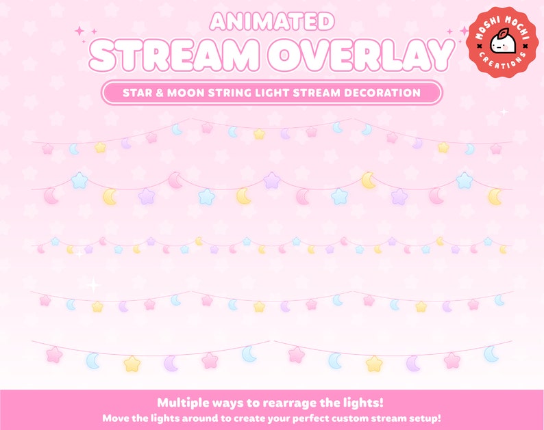 Star and Moon String Lights Stream Decoration, Animated Twitch Overlay ...