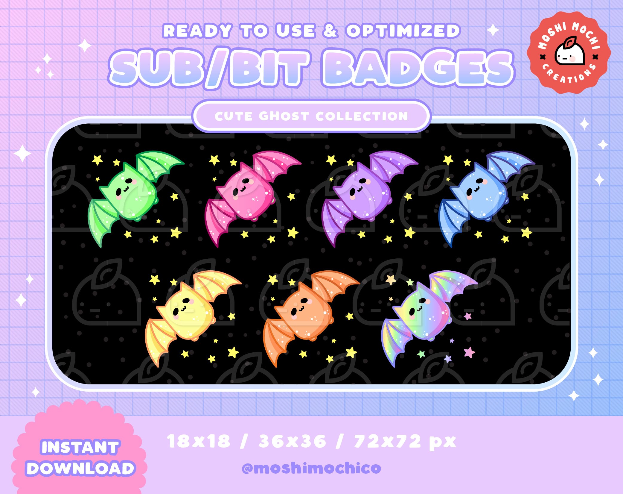 7x Twitch Sub Badges / Bit Badges / Emote - Cute Sparkle Bat Collection ...