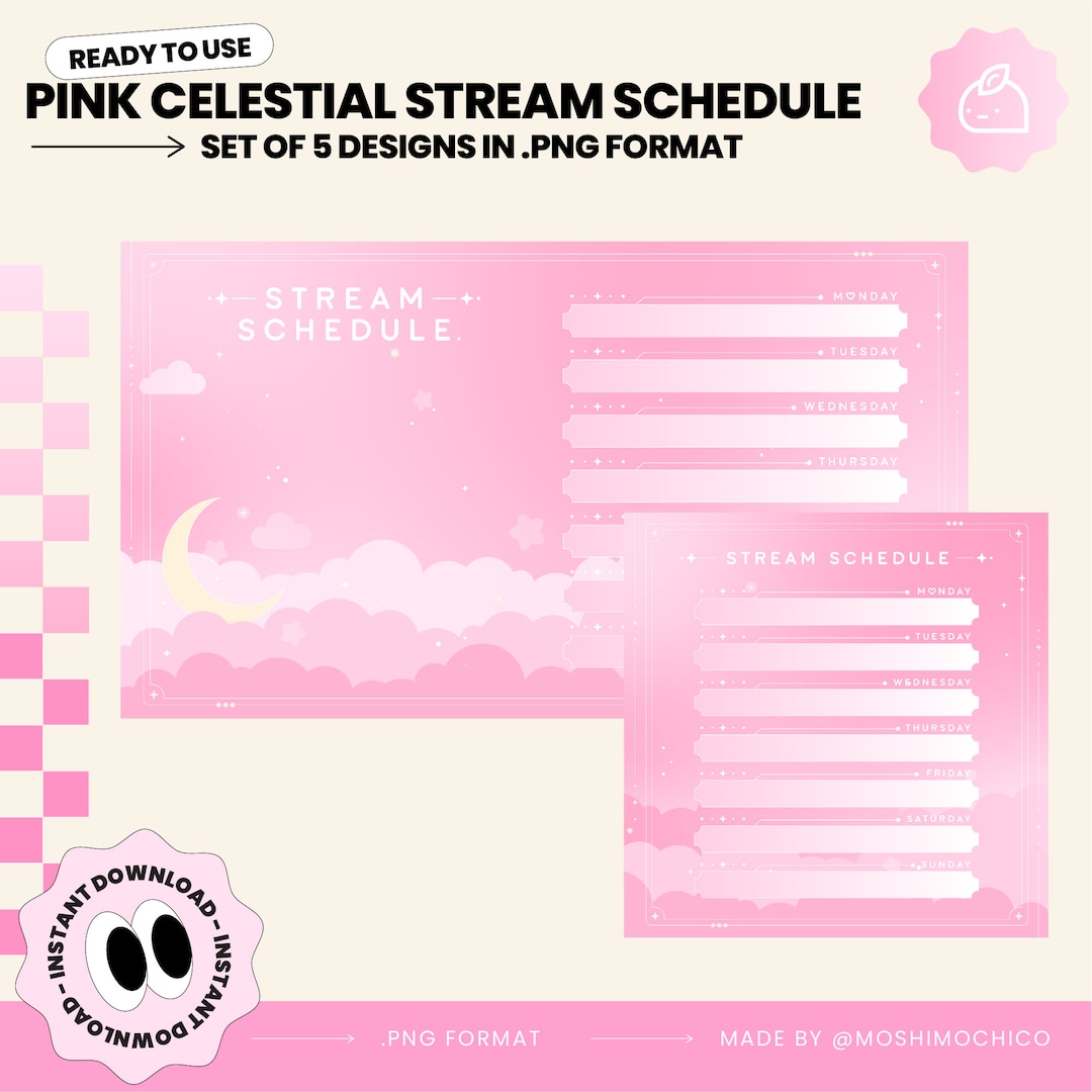 Pink Cloudy Moon Stream Schedule for Twitch, Overlay Pack, Lofi Aesthetic, Light Theme, Cute ...