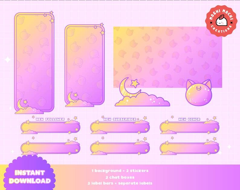 Twitch Stream Package Gradient Sparkle Moon Kitty / Streamer - Etsy