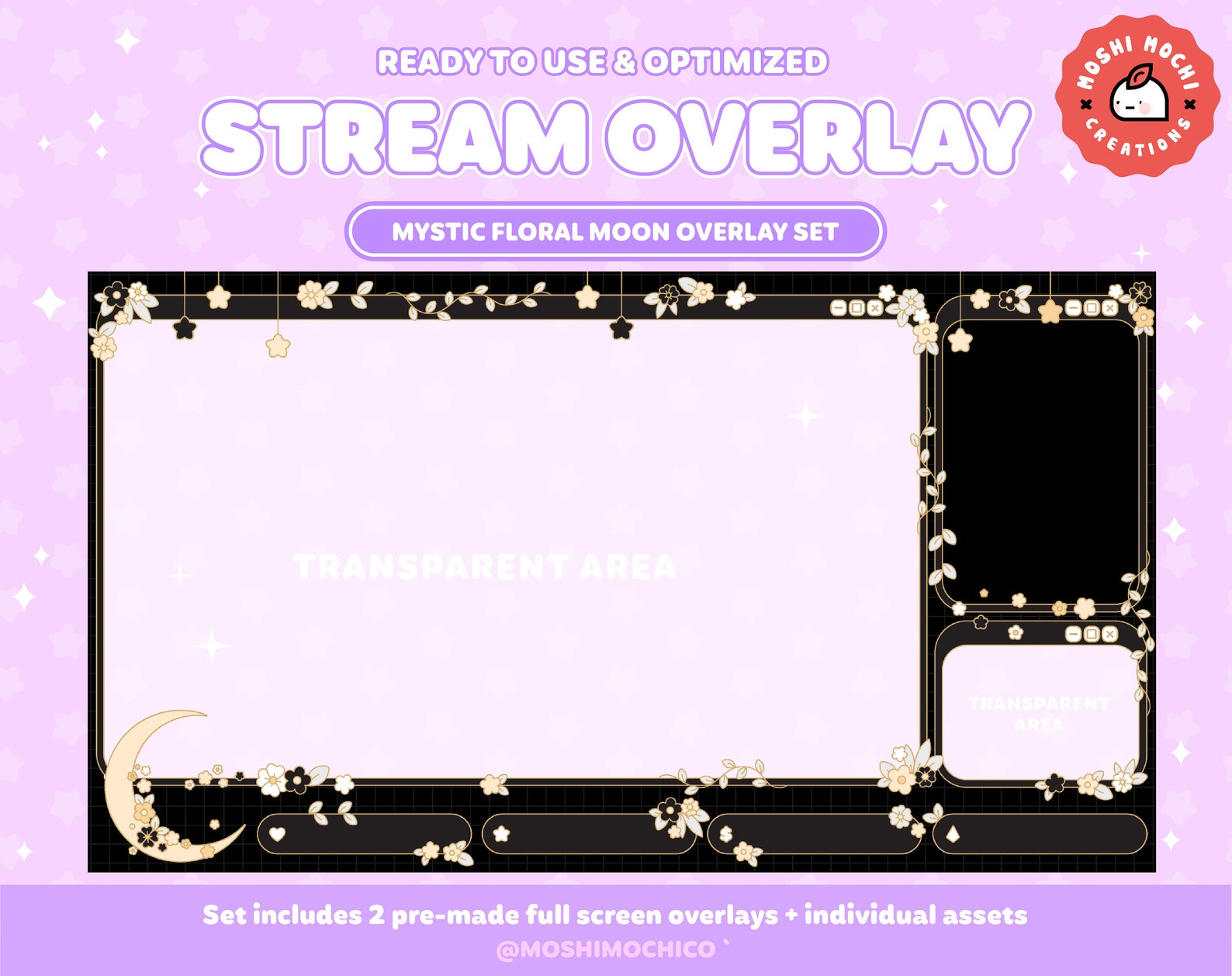 Mystic Stream Overlay Set for Twitch / Black White Floral Kawaii ...