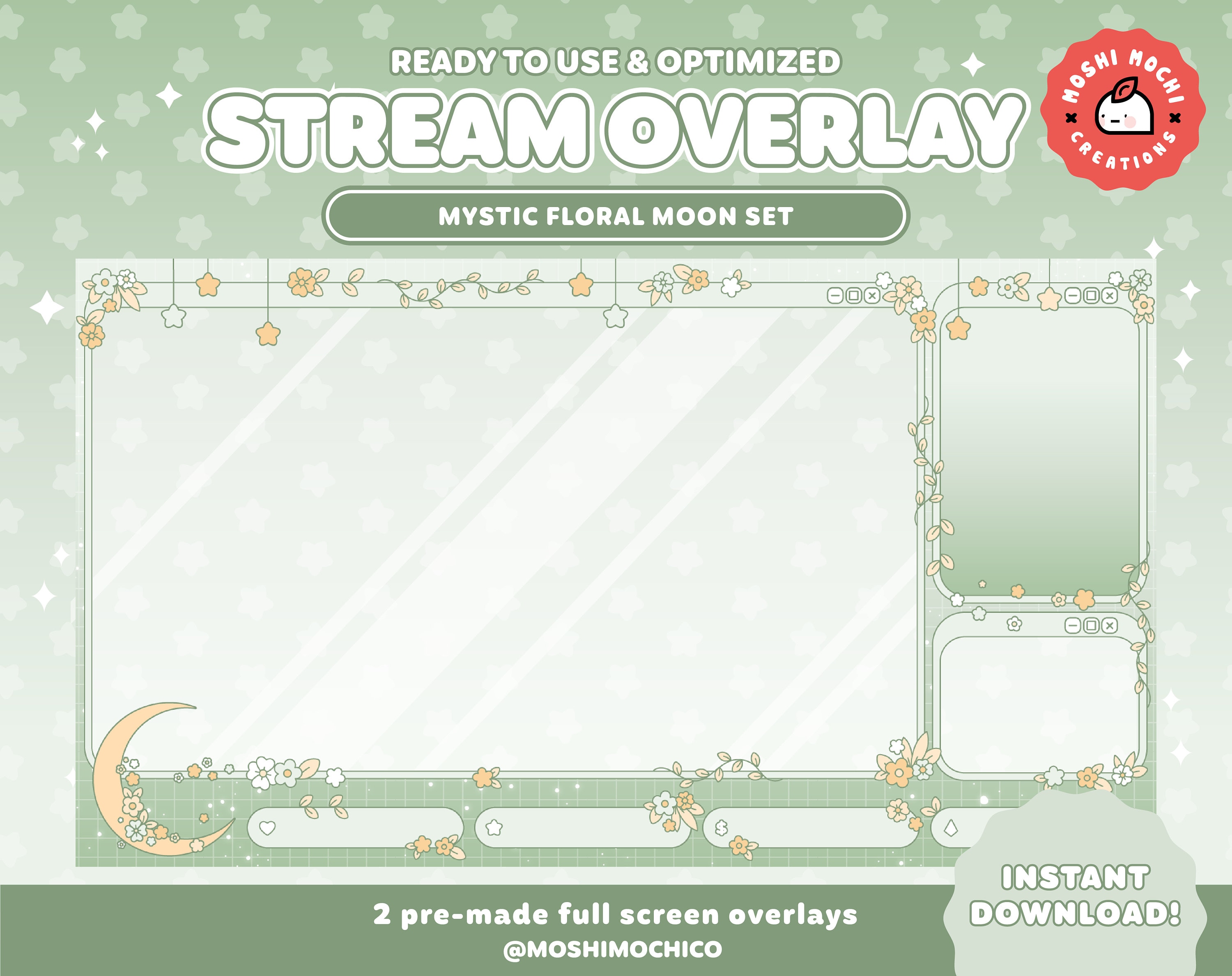 Sage Mystic Stream Overlay Set for Twitch / Pastel Floral Kawaii ...