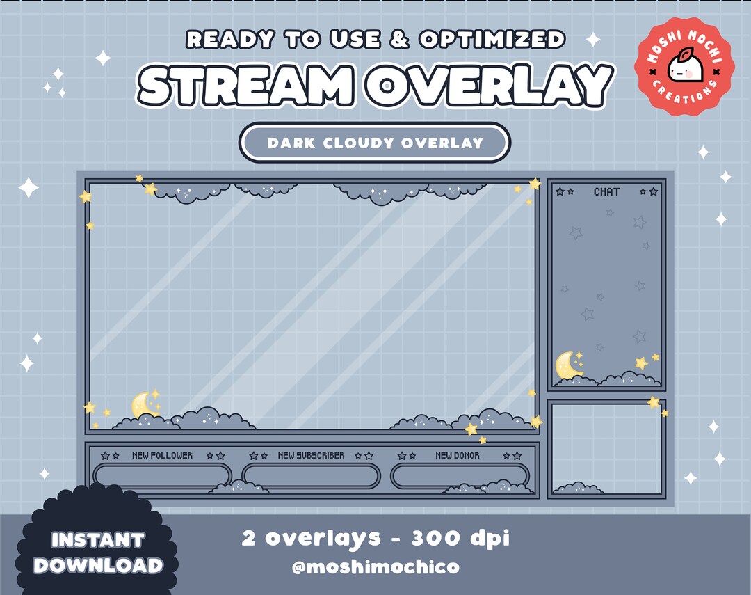 Twitch Dark Blue Grey Cloudy Moon Overlay / Streamer Graphics / Kawaii ...