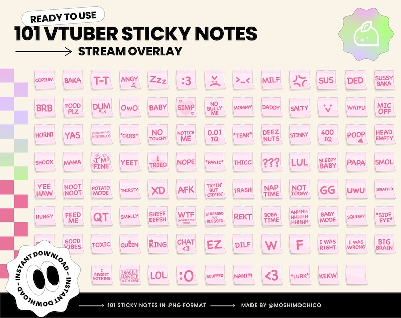 101 Pink Vtuber Sticky Note Set, Funny Stream Overlay, P2U Vtuber ...