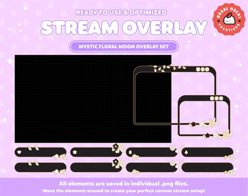 Mystic Stream Overlay Set for Twitch / Black White Floral Kawaii ...
